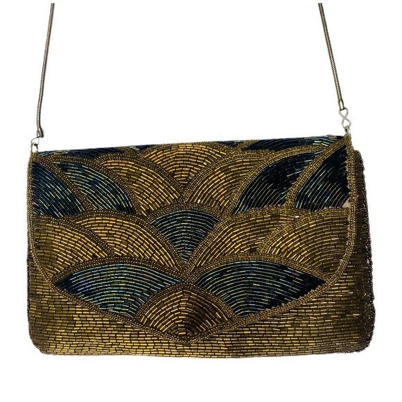 La Regale | Bags | La Regale Ltd Gold Green Bugle Beaded Shoulder Bag ...